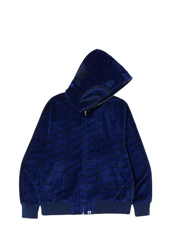 A BATHING APE Logo Monogram Velour Shark Full Zip Hoodie - Navy Blue