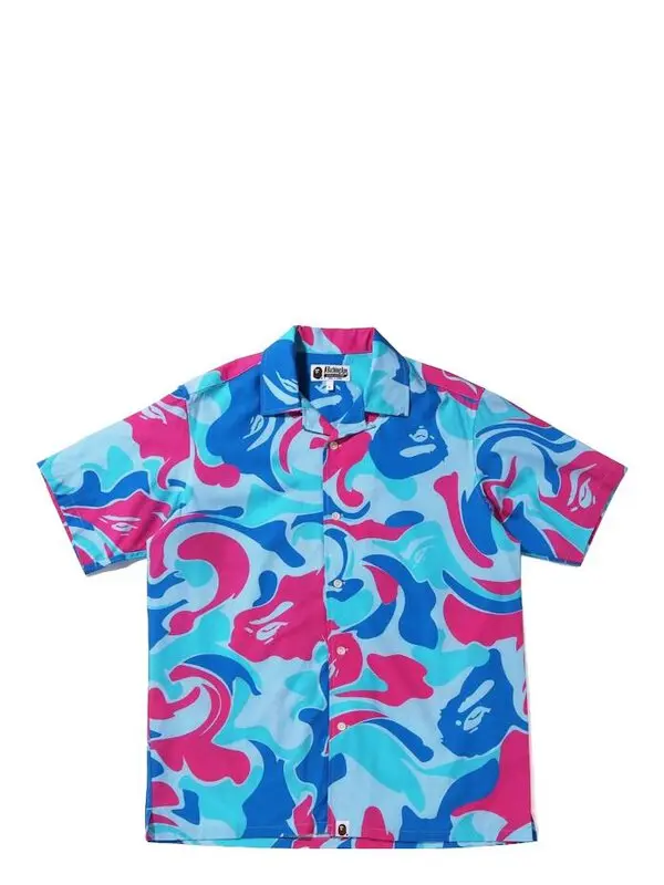 A BATHING APE Marble Camo Open Collar Short Sleeve Shirt - Blue