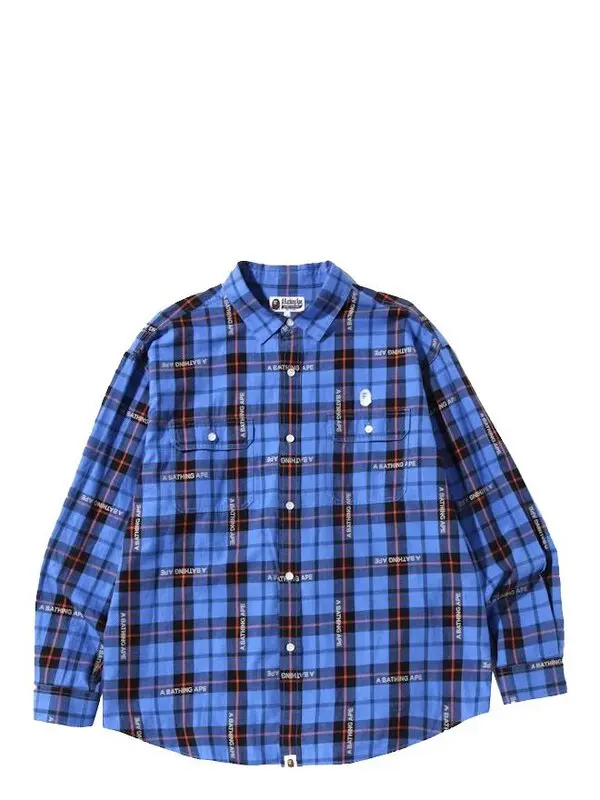 A BATHING APE Logo Check Loose Fit Shirt - Blue