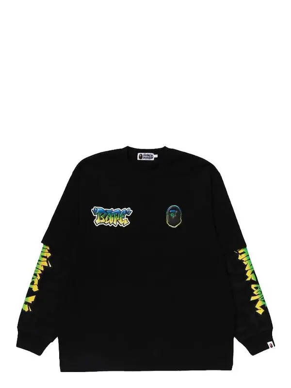 A BATHING APE Lux Sport Pattern Oversized Double Long Sleeve Tee Shirt - Black