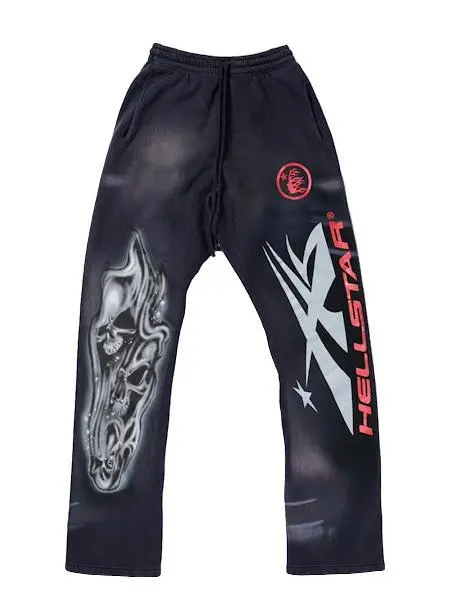 HELLSTAR Airbrushed Skull Flare Bottom Sweatpants - Midnight Dye Black