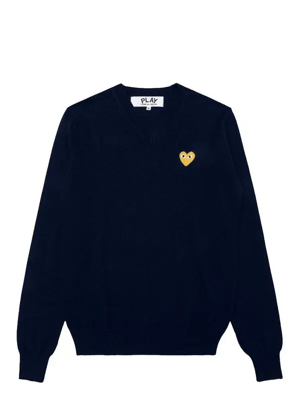 Play Comme Des Garcon Gold Heart V-neck Sweater - Navy Blue