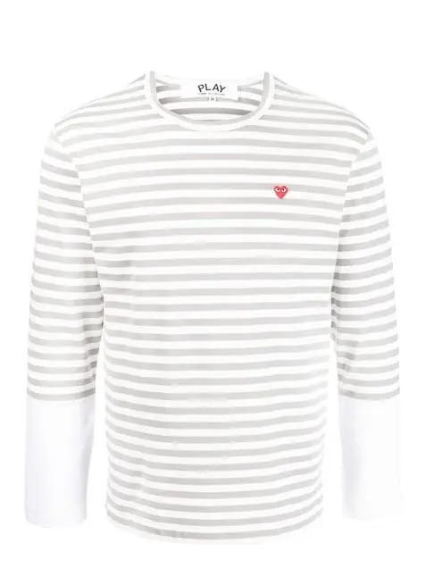 Play Comme Des Garcon Embroidered Logo Striped Longsleeve Tee Shirt - Grey/white