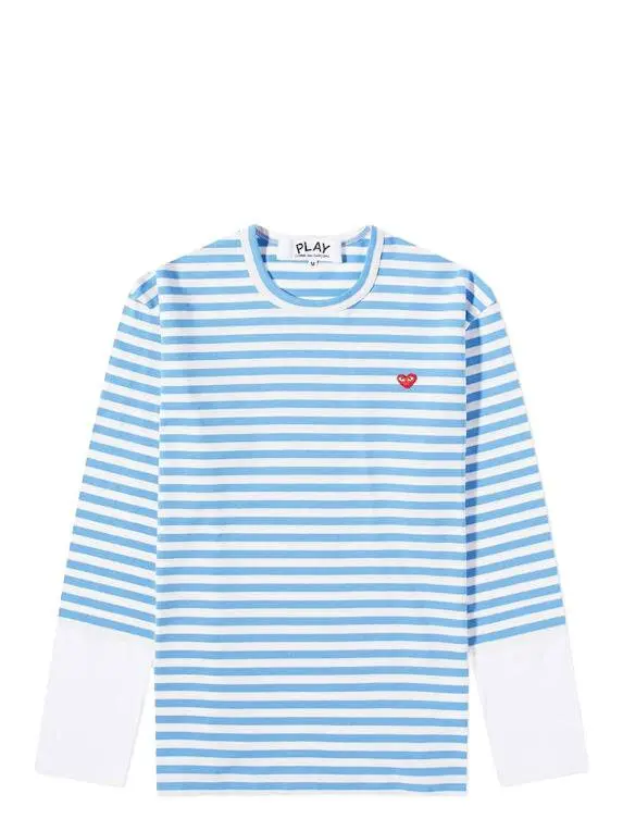 Play Comme Des Garcon Embroidered Logo Striped Longsleeve Tee Shirt - Blue/white