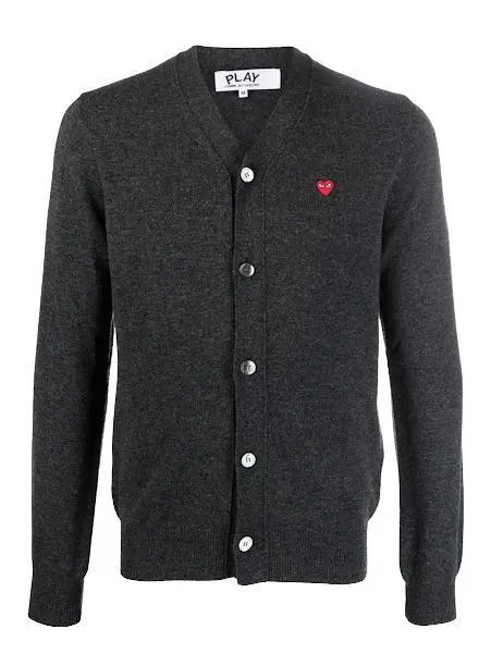 Play Comme Des Garcon Fine Knit Wool Cardigan - Dark Grey/red