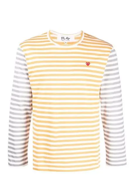 Play Comme Des Garcon Embroidered Logo Striped Longsleeve Tee Shirt - Yellow/grey