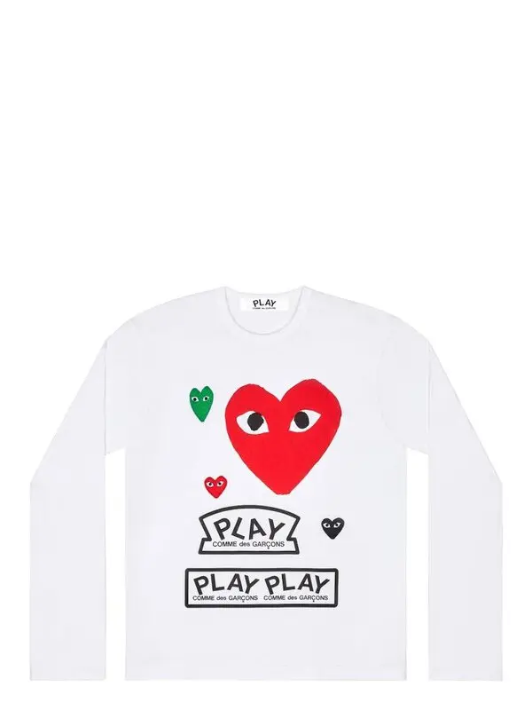 Play Comme Des Garcon Logo Red Heart Long Sleeve T-shirt - White