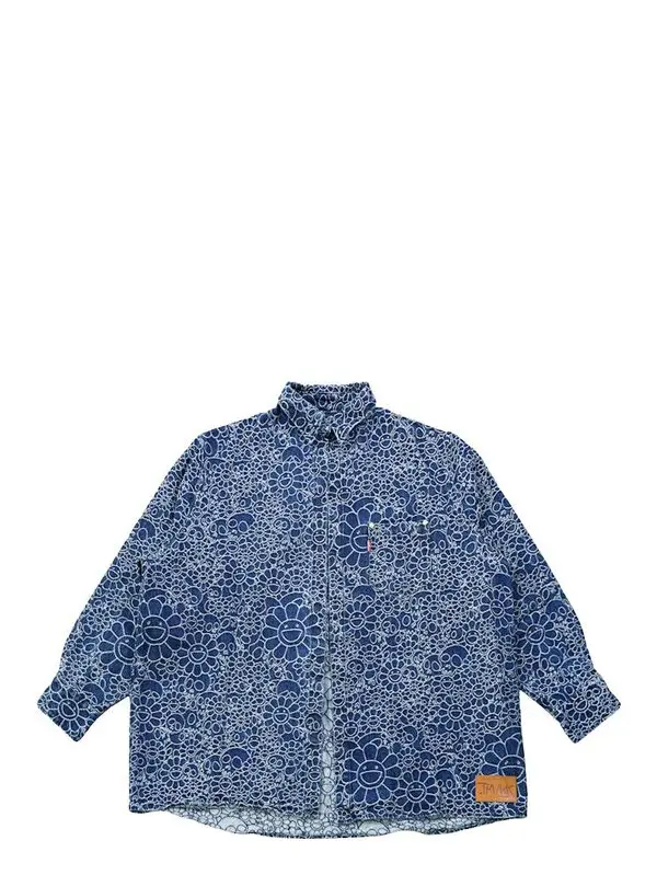 TAKASHI MURAKAMI Flowers And Skulls Jacquard Denim Haori Shirt - Dark Blue