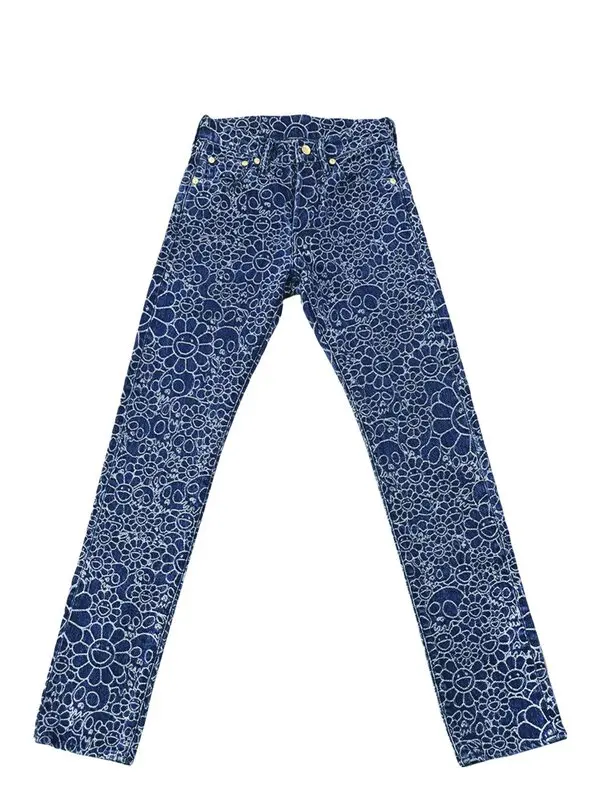 TAKASHI MURAKAMI Flowers And Skulls Jacquard Denim Pants - Dark Blue