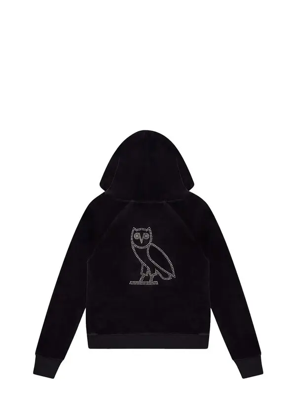 OVO Velour Crystal Owl Zip Up Hoodie - Black