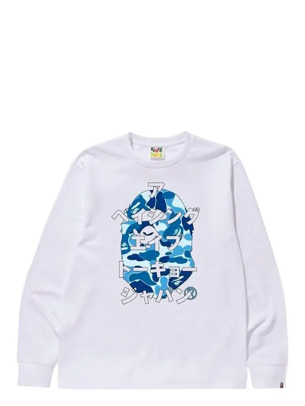 A BATHING APE Abc Camo Japanese Letters Long Sleeve Tee Shirt - White/blue