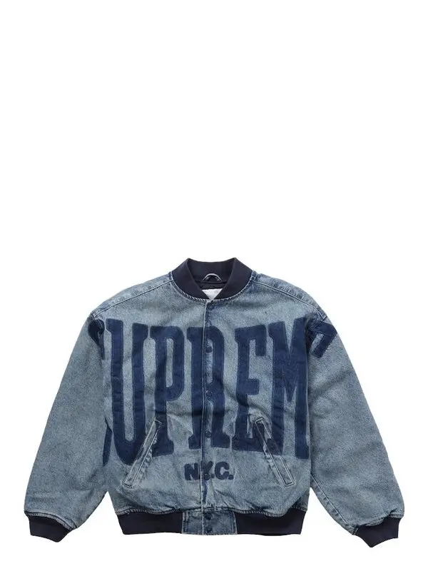 Supreme Washed Knockout Denim Varsity Jacket - Washed Blue