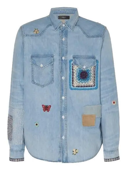 Amiri Crochet And Patch Denim Shirt - Sky Blue Indigo