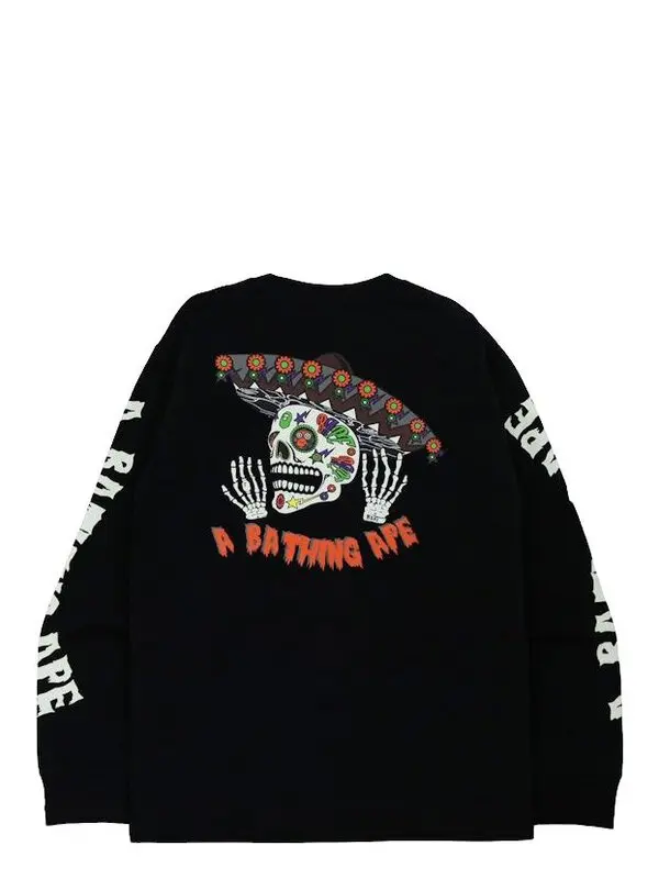 A BATHING APE Halloween Skull Glow In The Dark Long Sleeve Tee Shirt - Black
