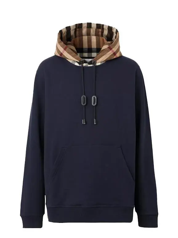 Burberry Check Hood Cotton Hoodie - Coal Blue