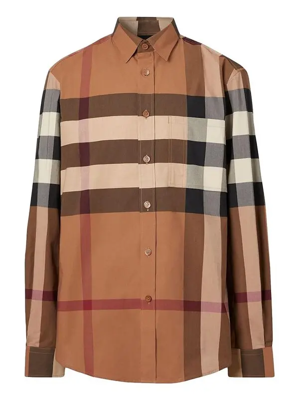 Burberry Check Stretch Poplin Long Sleeve Shirt - Brown