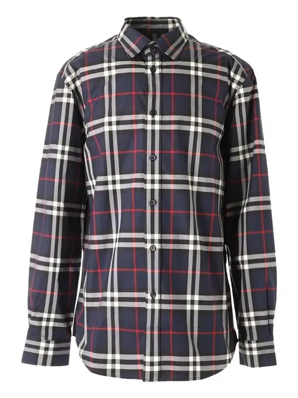Burberry Check Print Long Sleeve Shirt - Navy Blue