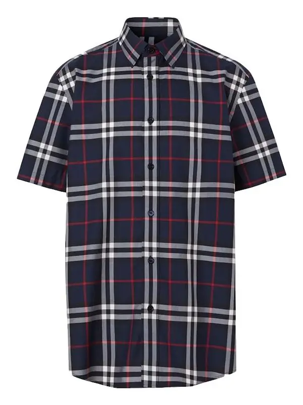 Burberry Check Print Short Sleeve Shirt - Navy Blue