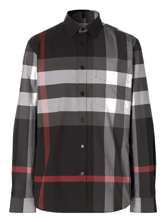 Burberry Check Stretch Cotton Poplin Shirt - Charcoal