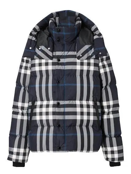 Burberry Detachable Hood Night Check Puffer Jacket - White/dark Charcoal Blue