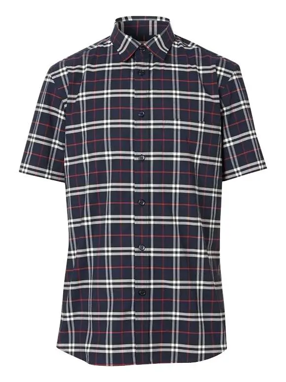 Burberry Check Short Sleeve Shirt - Navy Blue