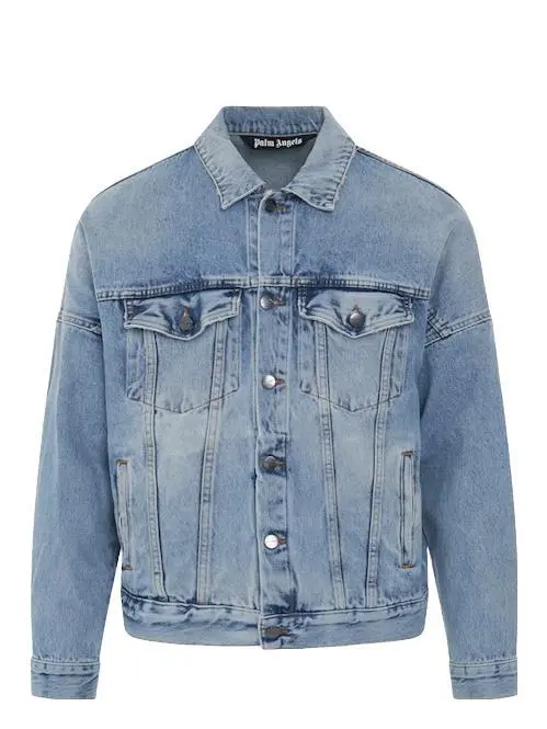 Palm Angels Curved Logo Denim Jacket - Light Blue/white