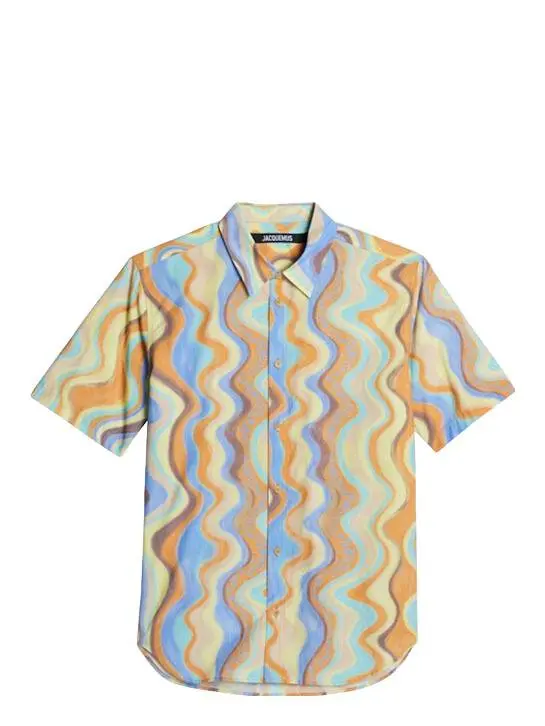 Jacquemus La Chemise Melo Paisley Bandana Short Sleeve Shirt - Print Blue Waves Stripes