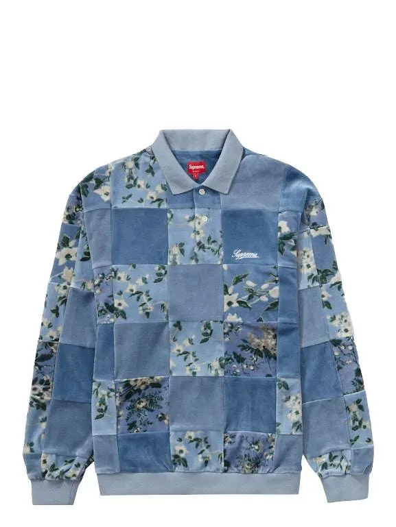 Supreme Floral Patchwork Velour Long Sleeve Polo Shirt - Slate