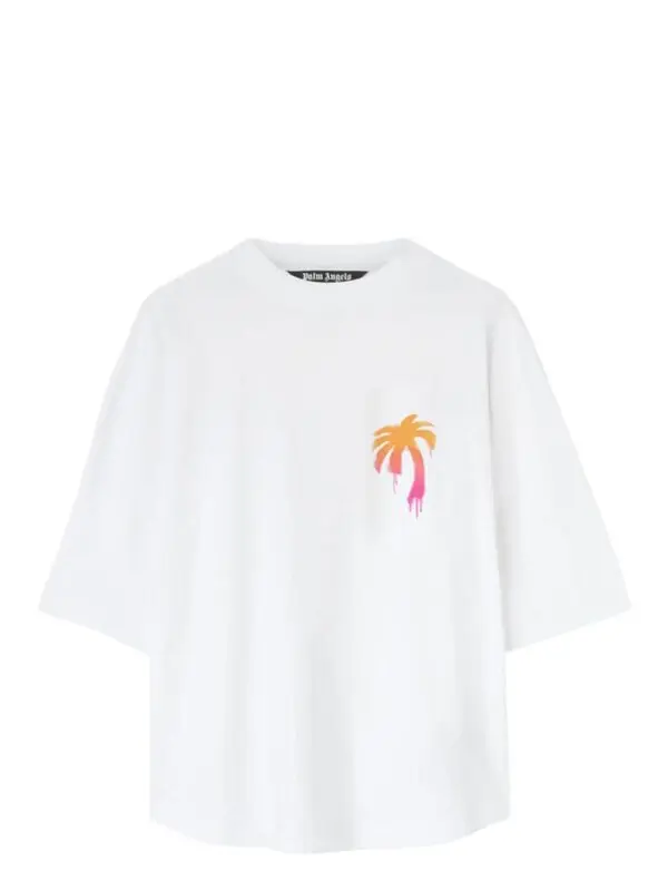 Palm Angels Sprayed Palm Logo Over T-shirt - White/fuchsia