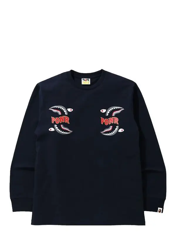 A BATHING APE Shark Ponr Long Sleeve Tee Shirt - Navy Blue