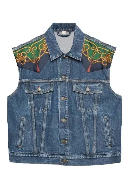 Gucci Silk Scarf-paneled Denim Vest - Blue