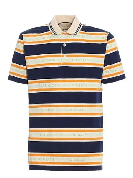Gucci Striped Jersey Polo Shirt - Navy Blue/orange/mint