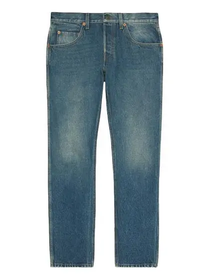Gucci Tapered Fit Washed Marbled Denim Jeans - Stonewashed Blue