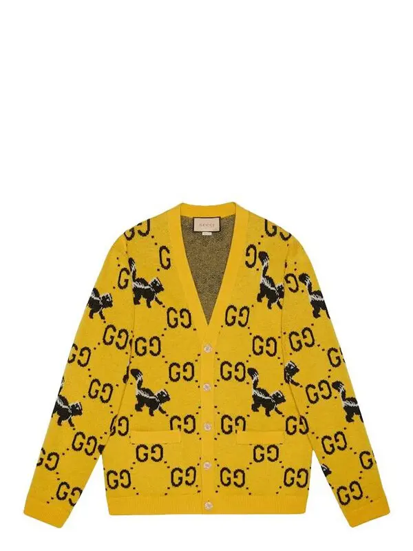 Gucci Gg And Skunk Jacquard Wool Knit Cardigan - Yellow/black
