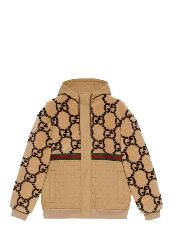 Gucci Gg Jacquard Oversized Hooded Wool Jacket - Beige/ebony/green
