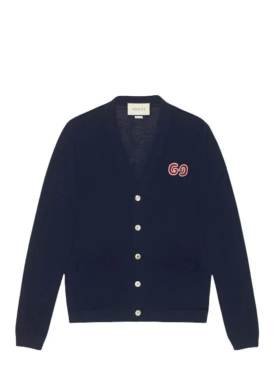Gucci Gg Logo Patch Cardigan - Dark Blue