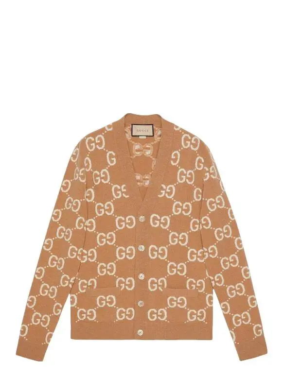 Gucci Gg Wool Jacquard V-neck Cardigan - Camen/ivory