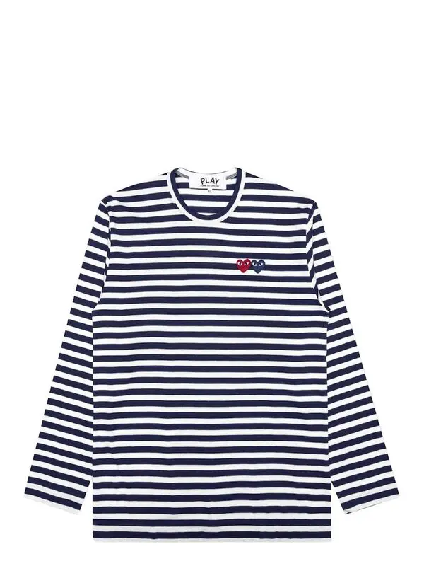 Play Comme Des Garcon Double Heart Striped Long Sleeve T-shirt - Navy Blue/white
