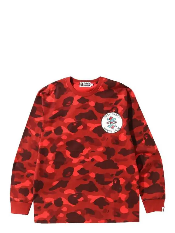 A BATHING APE Camo Busy Shark Long Sleeve Tee Shirt - Red