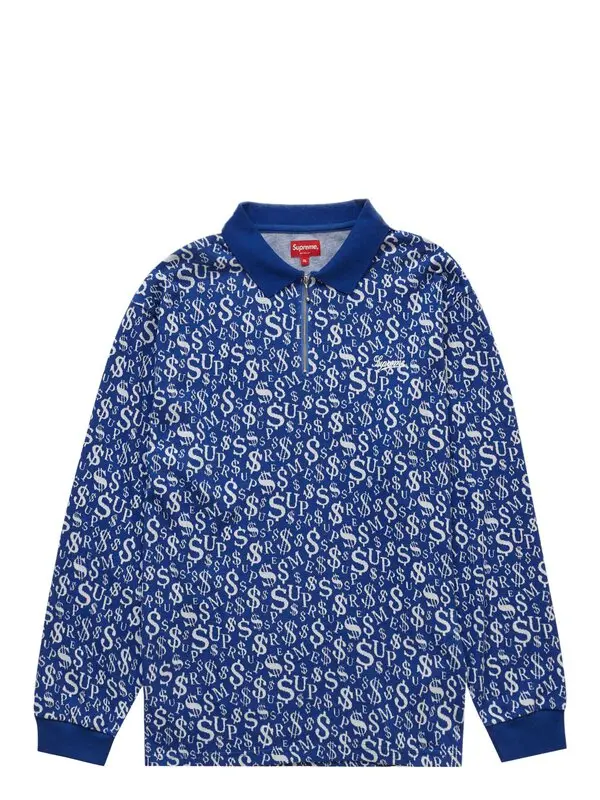 Supreme Currency Jacquard Zip Long Sleeve Polo - Blue