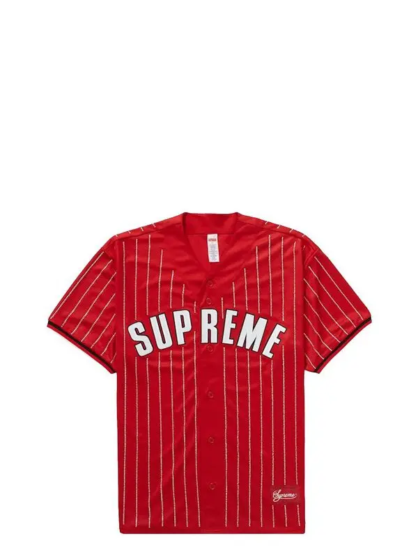 Supreme Rhinestone Stripe Baseball Jersey - Red