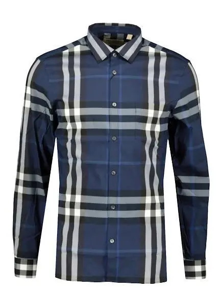 Burberry Stretch Cotton Poplin Shirt - Navy Blue White