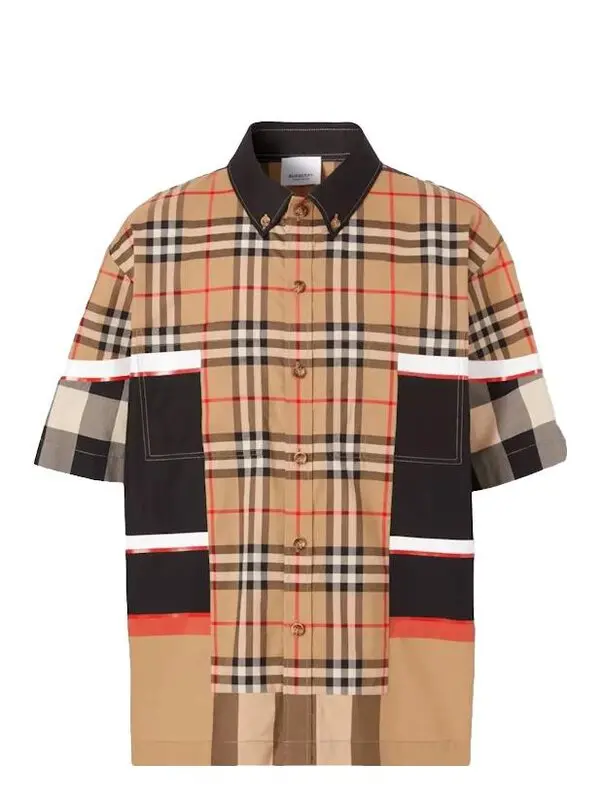 Burberry Shortsleeve Patchwork Check Cotton Shirt - Archive Beige