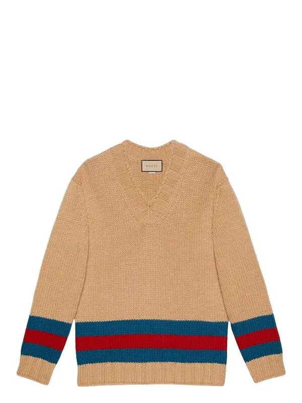 Gucci Fine Mohair Wool Webbed Sweater - Camel/red/green