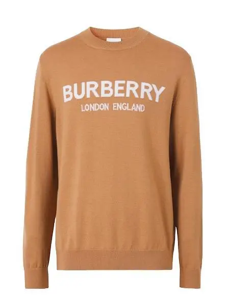 Burberry Logo Intarsia Wool Blend Sweater - Camel/white