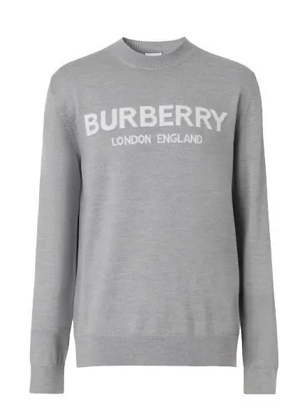 Burberry Logo Intarsia Wool Blend Sweater - Grey Melange/white