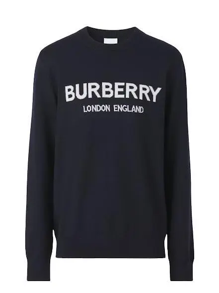 Burberry Logo Intarsia Wool Blend Sweater - Caol Blue/white
