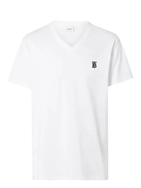 Burberry Monogram Motif Embroidered V Neck Tee Shirt - White