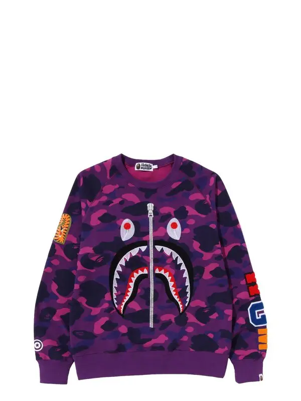 A BATHING APE Camo Embroidery Shark Crewneck Sweatshirt - Purple