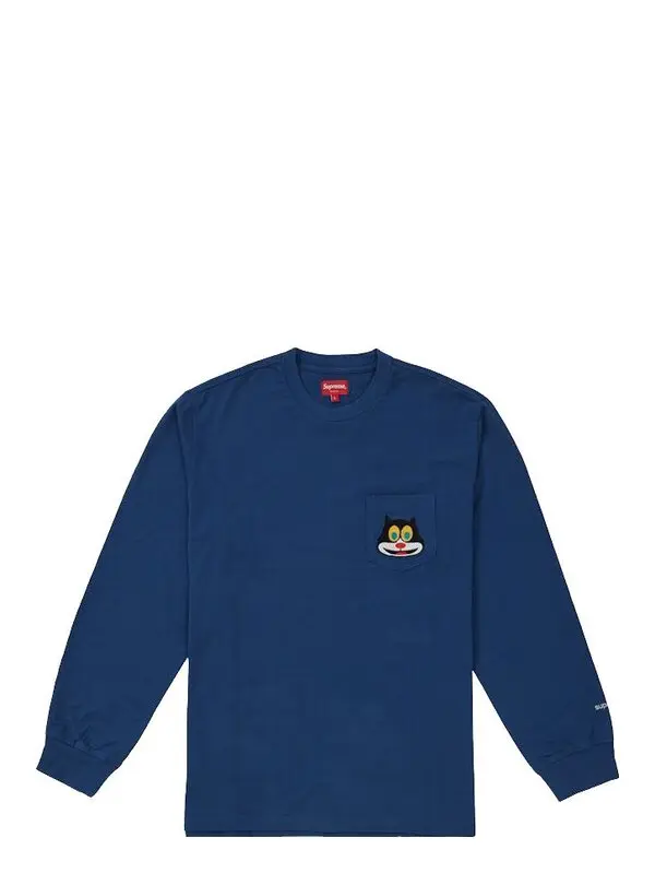 Supreme Cat Long Sleeve Pocket Tee Shirt - Navy Blue